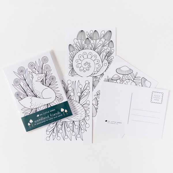 woodland animal coloring postcards set – 14 illustrated forest friends ...