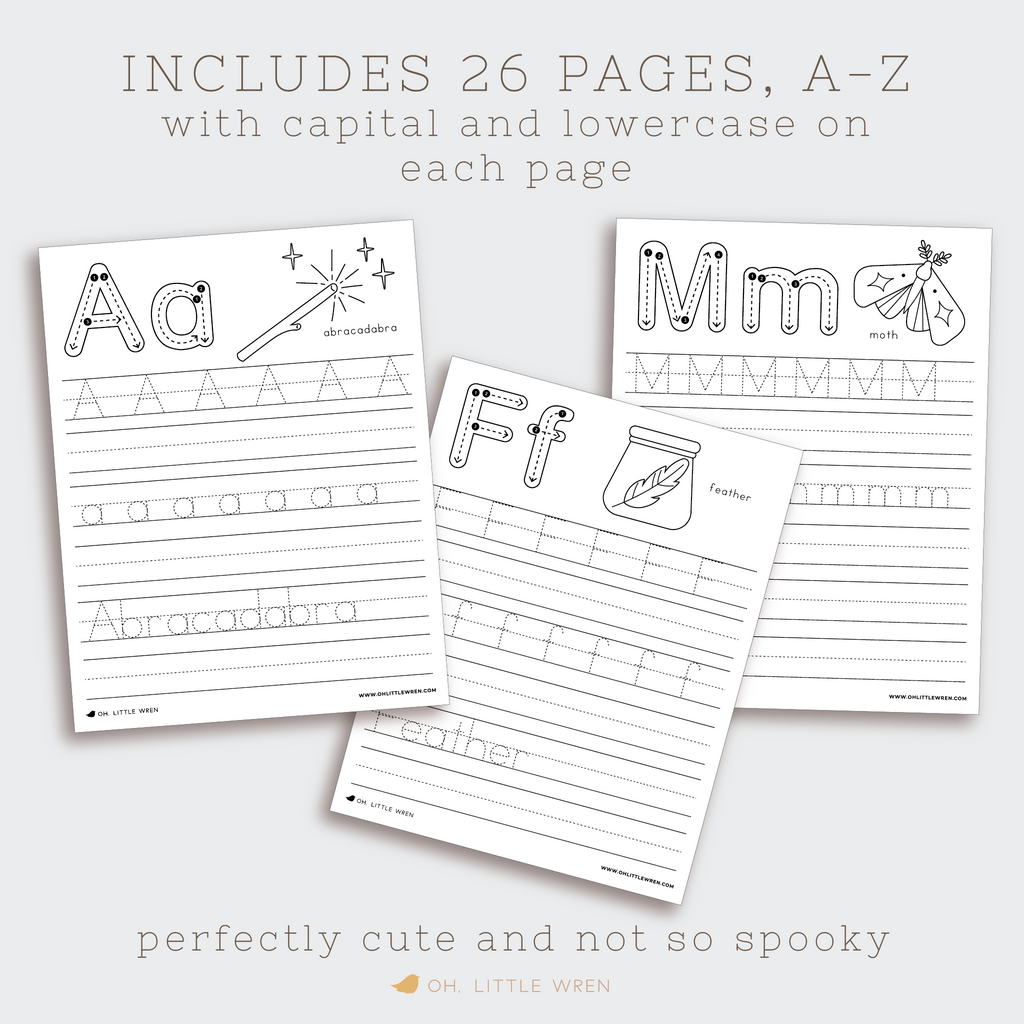 DIGITAL halloween themed preschool alphabet tracing pages – oh, little wren
